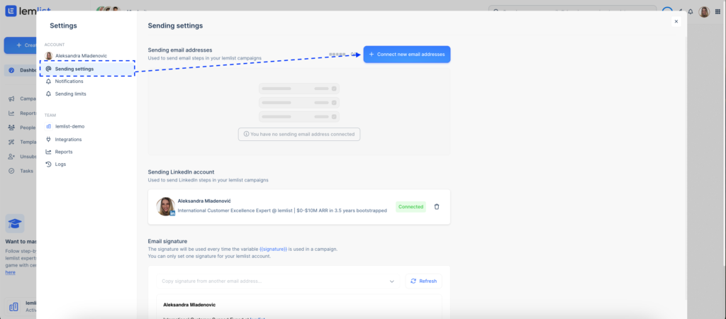 Connect your email sending address in lemlist - lemlist academy